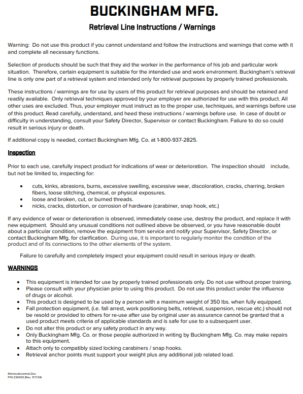 Retrieval Line Instructions / Warnings – 230433 | Buckingham ...