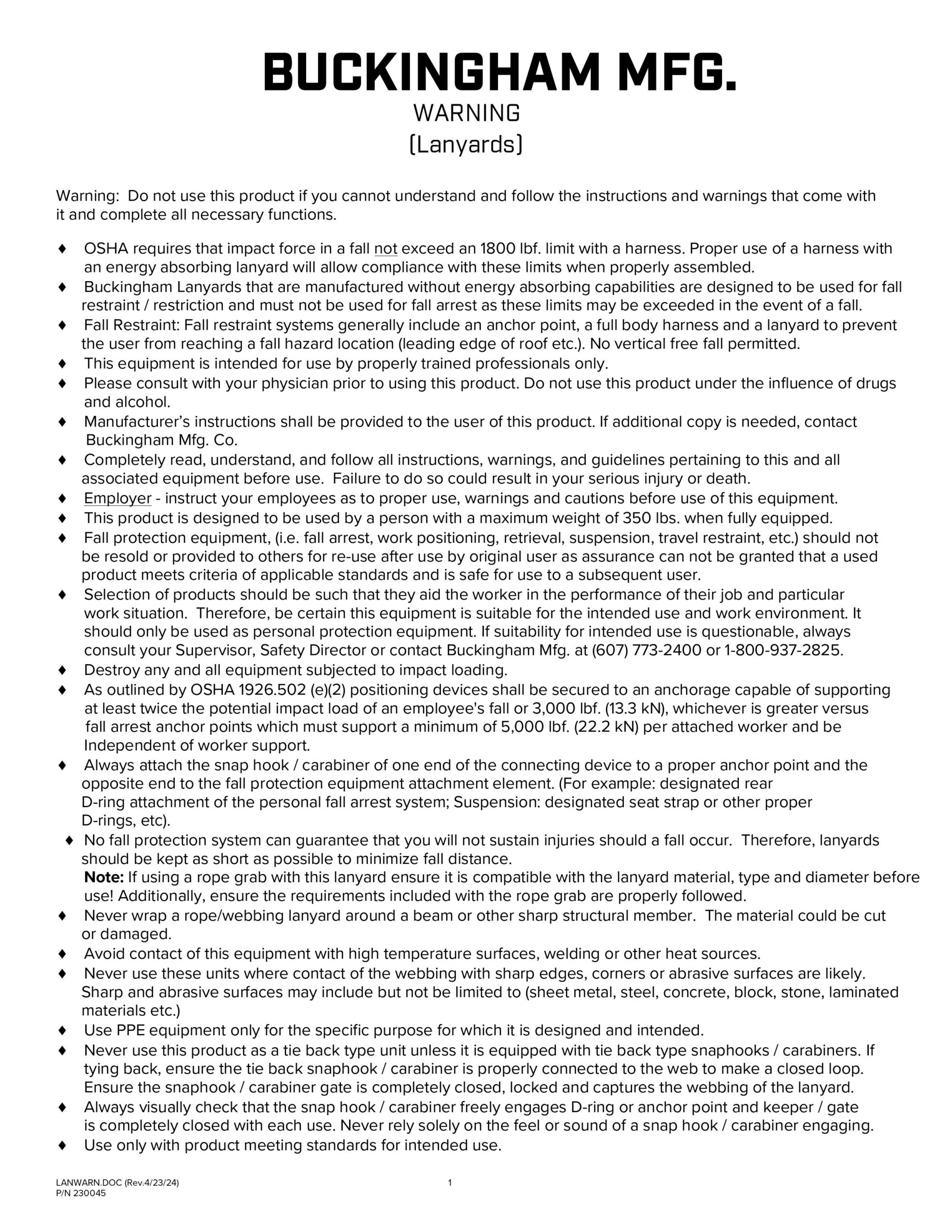 Lanyard Warning Instructions – 230045 | Buckingham – Instructions ...