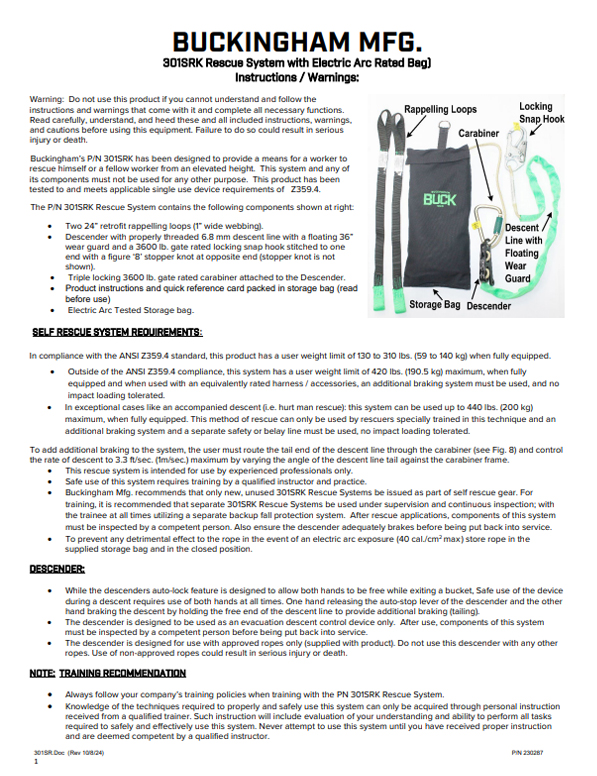 301SR Rescue System Instructions & Warnings – 230287 | Buckingham ...