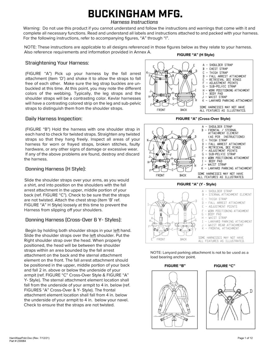Harness Instructions – 230064 | Buckingham – Instructions & Warnings