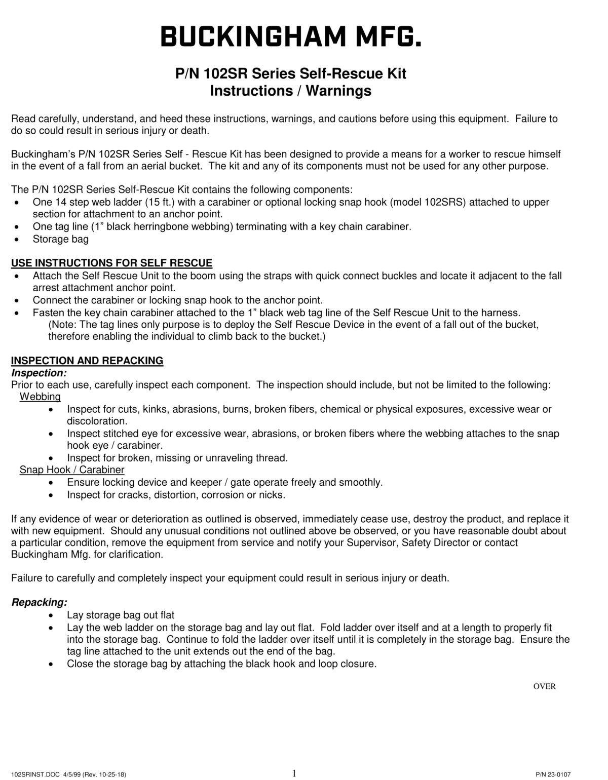 102SR Self Rescue Kit Instructions – 230107 | Buckingham – Instructions ...