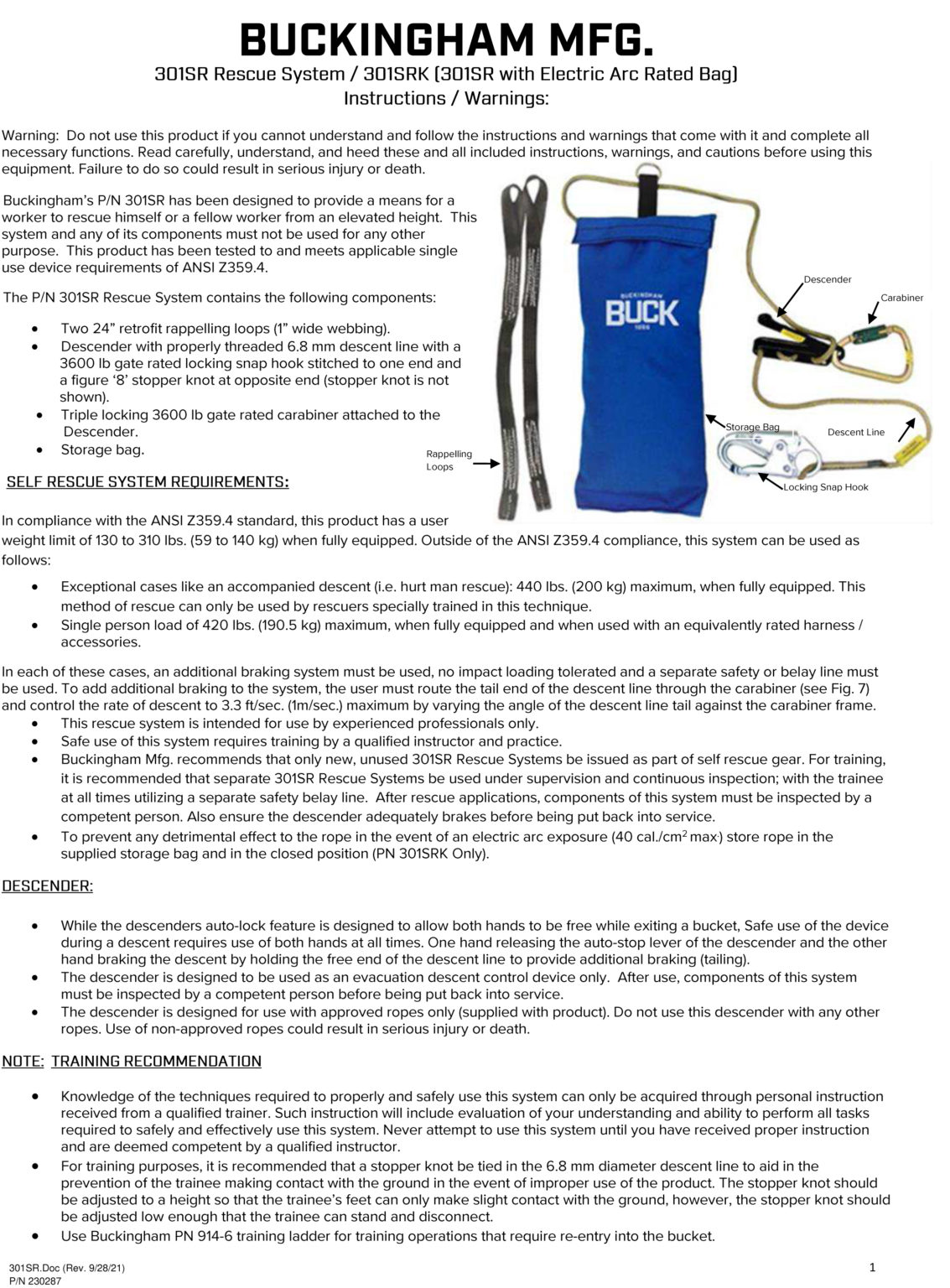 301SR Rescue System Instructions & Warnings – 230287 | Buckingham ...
