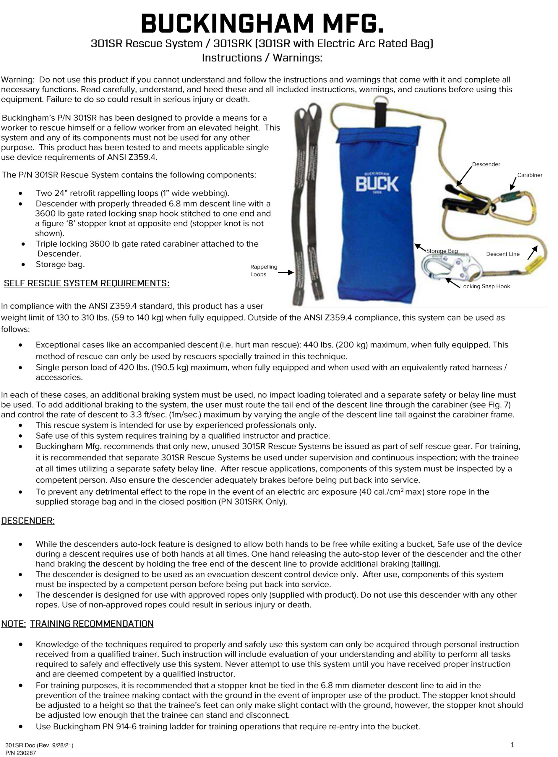 301SR Rescue System Instructions & Warnings – 230287 | Buckingham ...