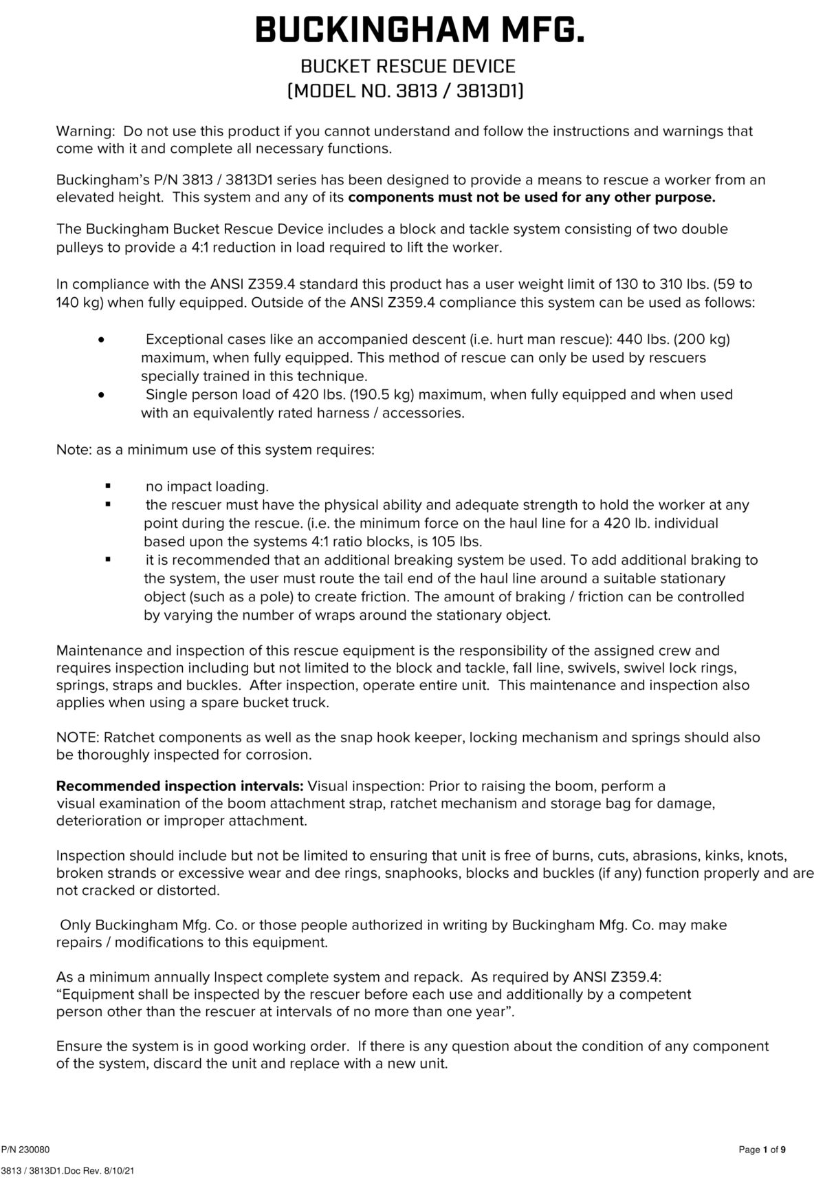 Bucket Rescue Device (Model 3813/3813D1) – 230080 | Buckingham ...