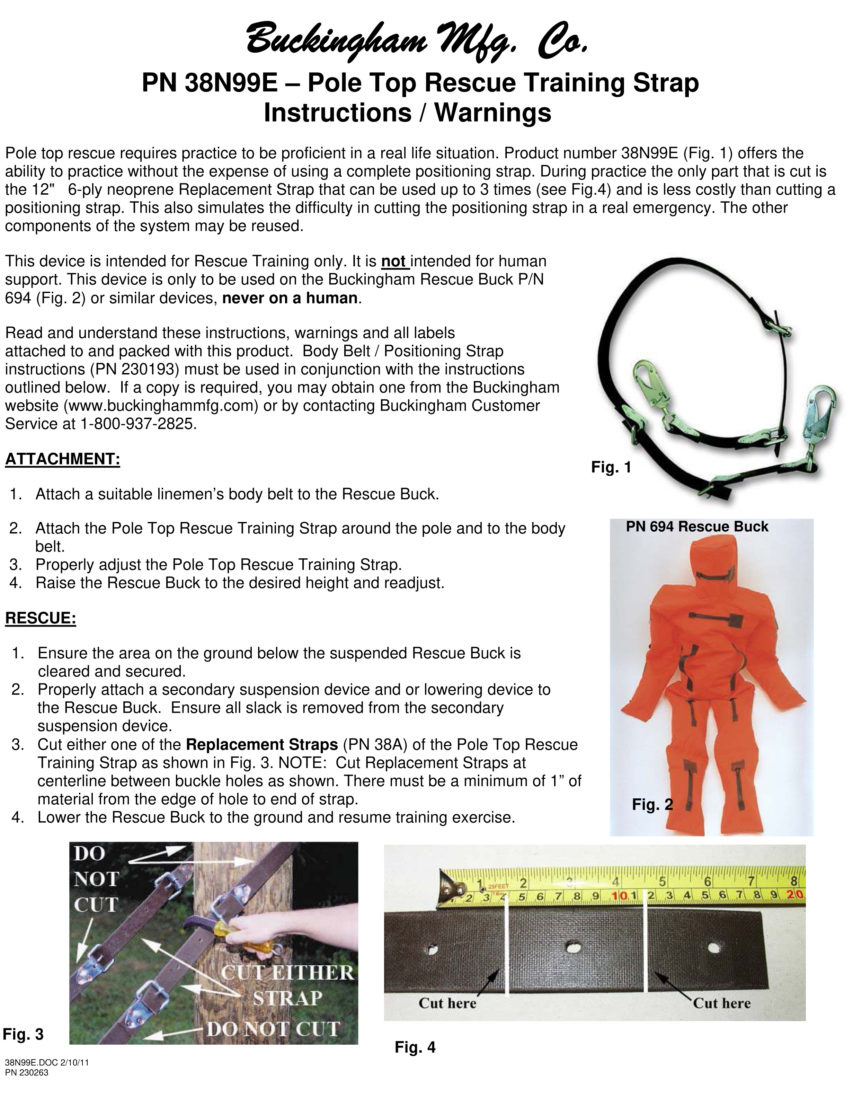 Pole Top Rescue Training Strap 39N99E Instructions & Warnings – 230263 ...
