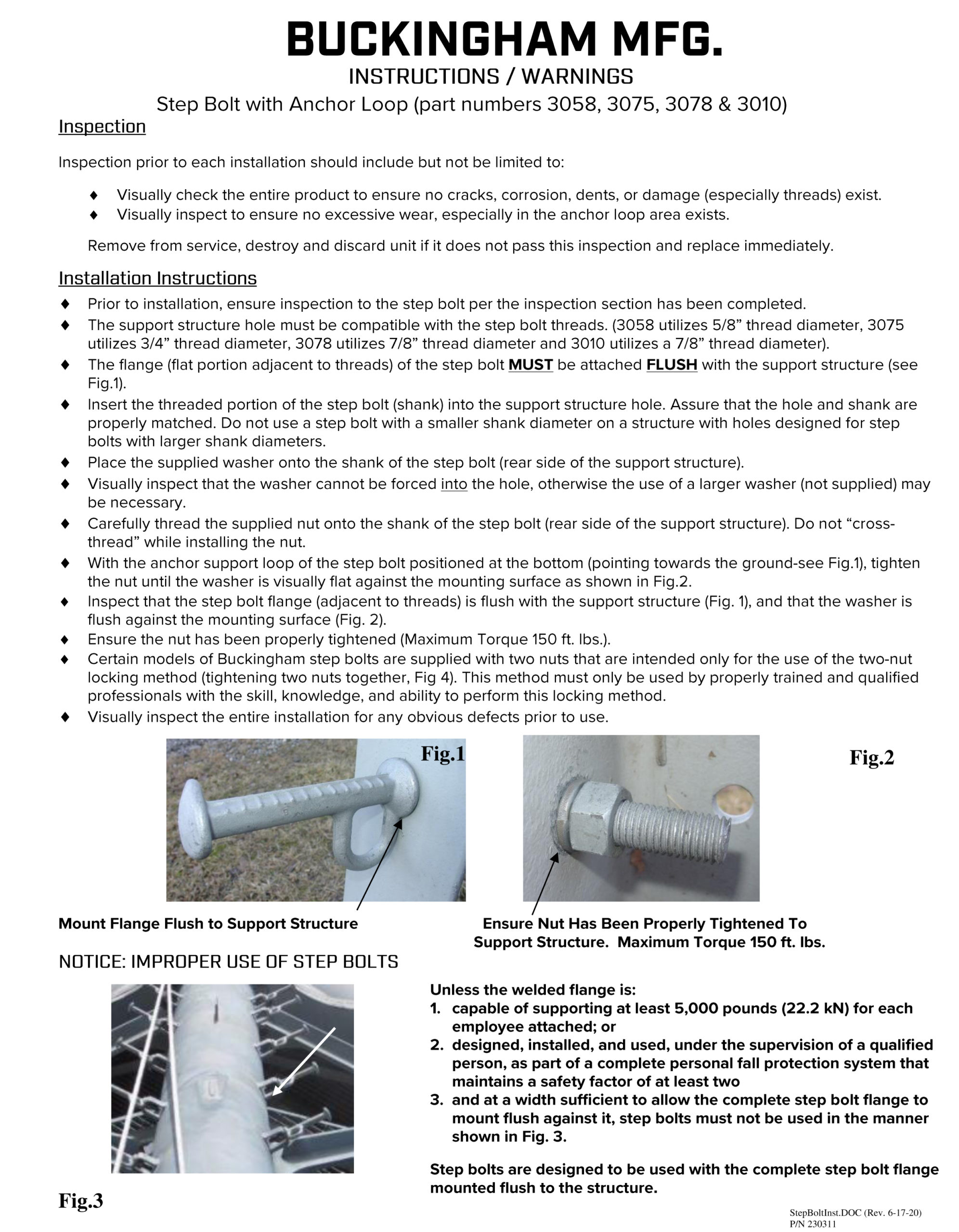 Step Bolt Instructions – 230311 | Buckingham – Instructions & Warnings