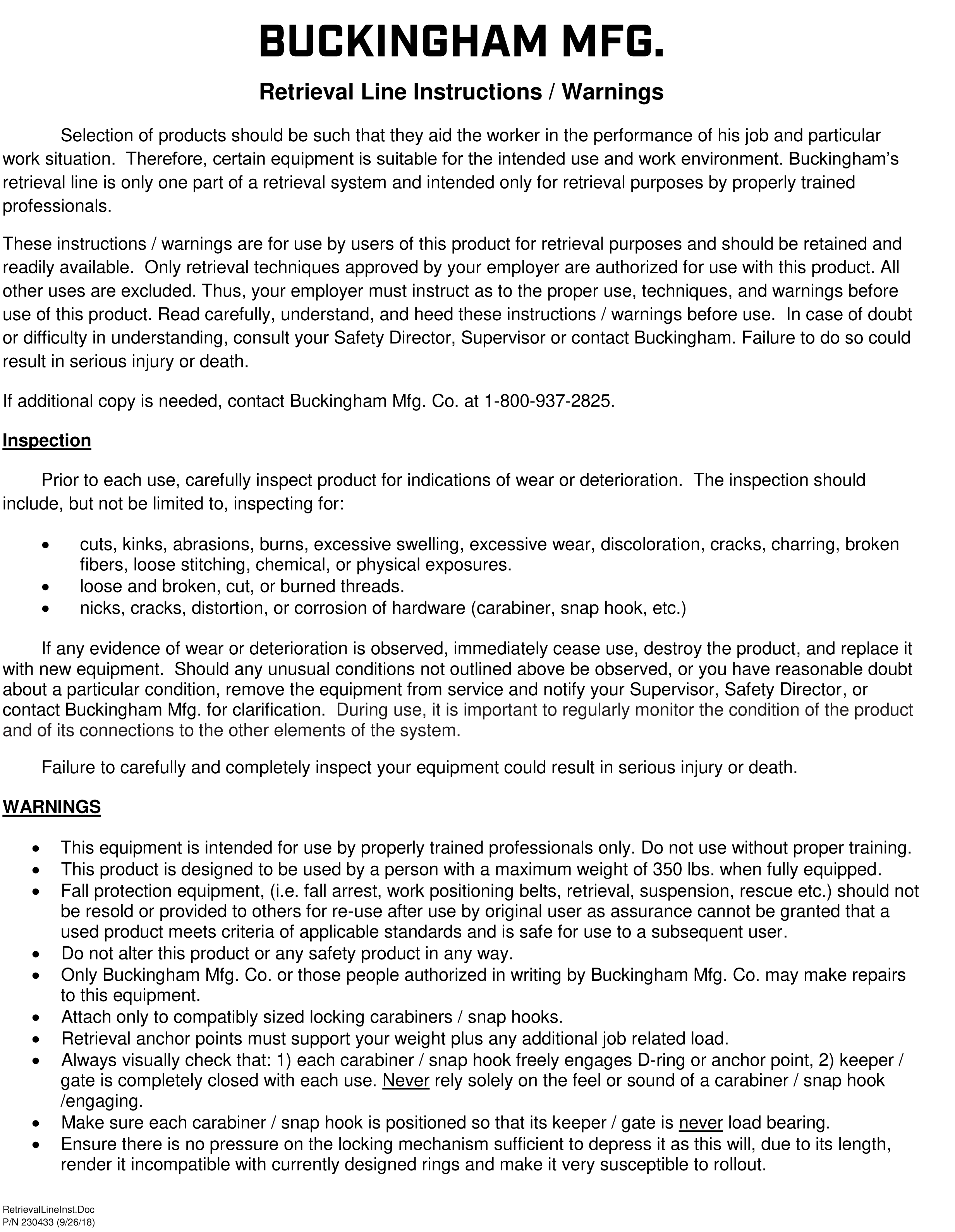 Retrieval Line Instructions / Warnings – 230433 | Buckingham ...