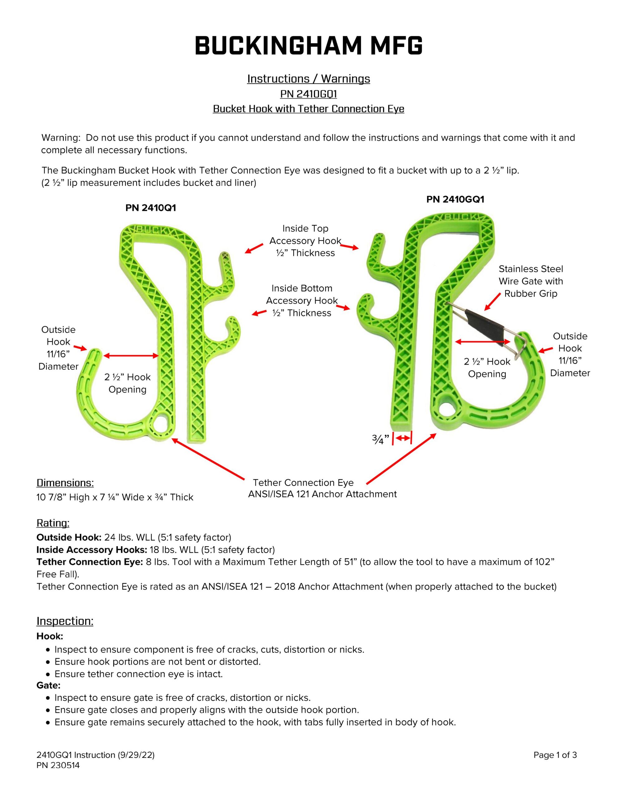 PN 2410Q1 and PN 2410GQ1 Bucket Hook with Tether Connection Eye ...