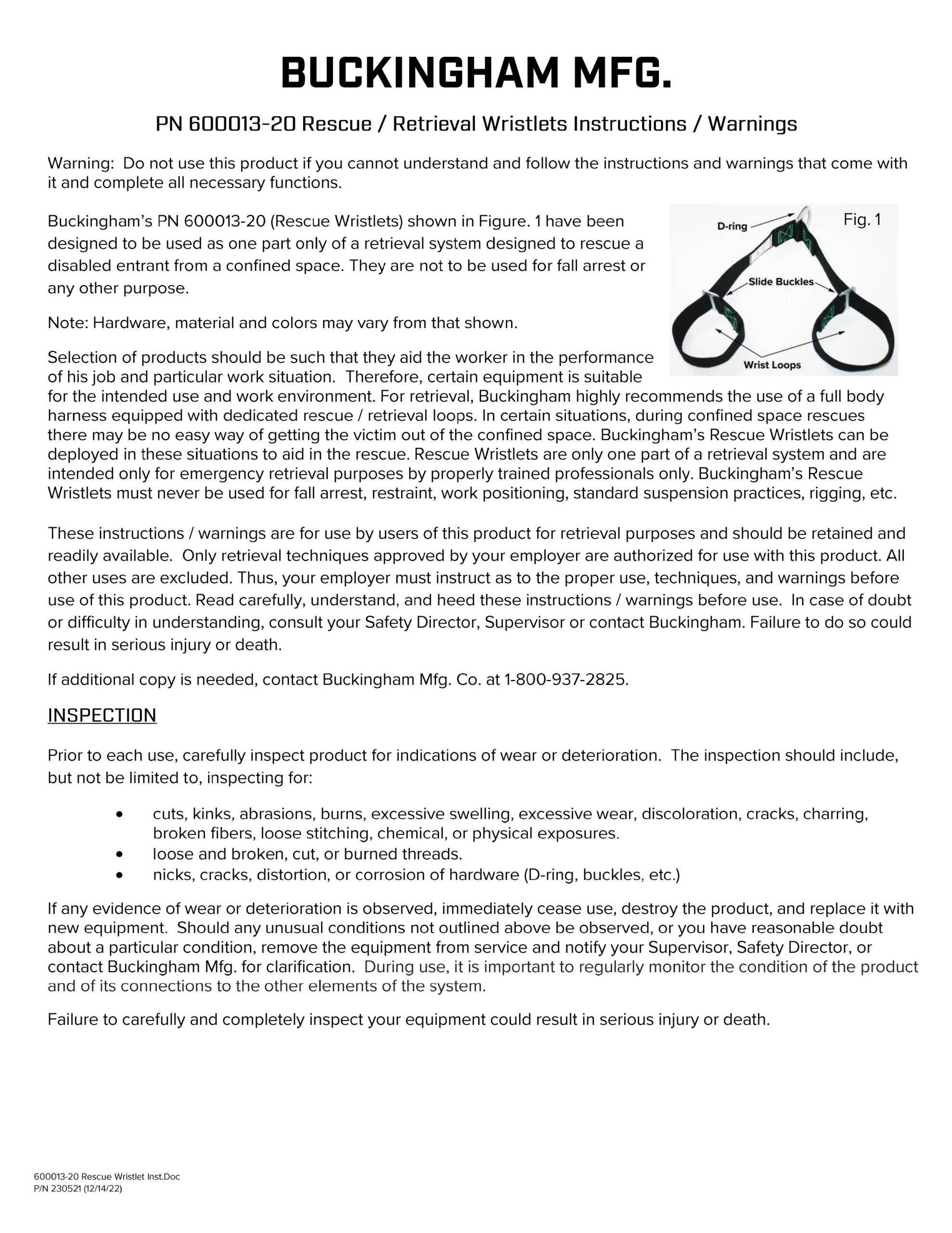 PN 600013-20 Rescue / Retrieval Wristlets Instructions / Warnings ...