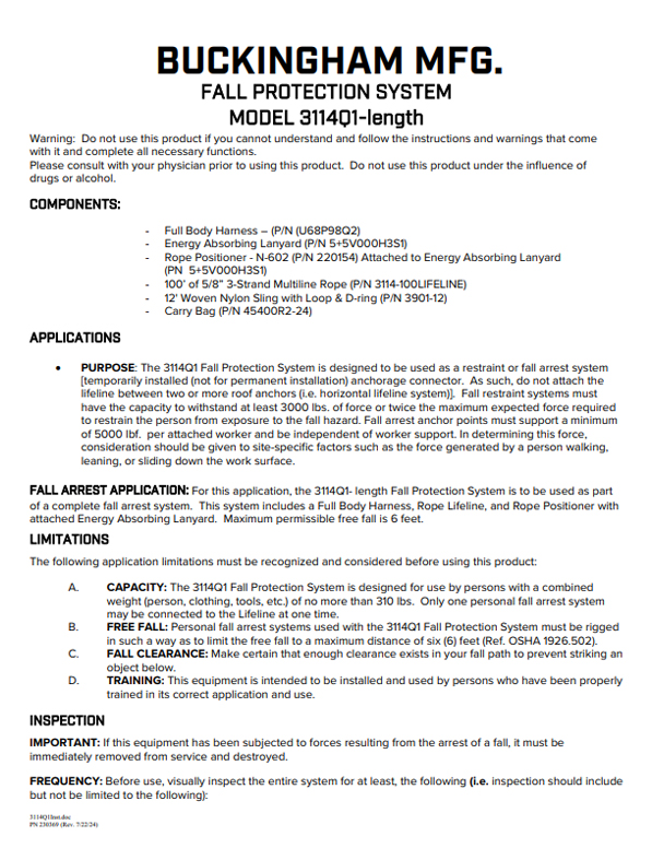 Fall Protection System Model 3114Q1 | Buckingham – Instructions & Warnings